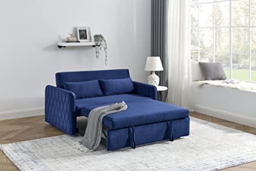 HomSof 2 Pillows and Living Room Adjustable Backrest, Grid Design Armrests 55" Modern Convertible 2 Detachable Arm Pockets, Velvet Loveseat Sofa with Pull Out Bed, Style B, Blue