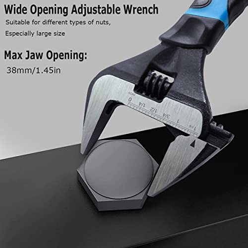 6-Inch Adjustable Wrench with Grip - Deep Jaw, Wide Mouth, Anti-Rust Black Oxide Finish, for Plumbing, Automotive, and Household Repairs - Metric Scale Marked, Non-Slip Handle, blue