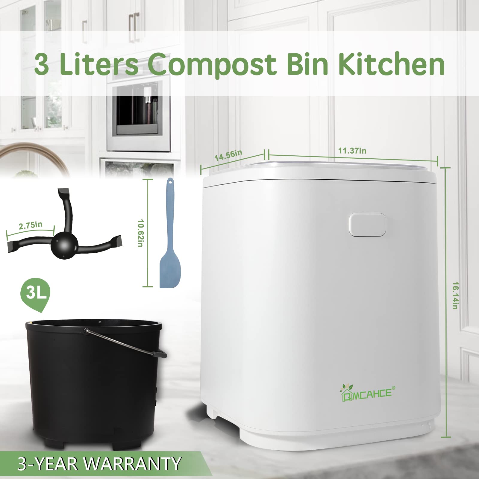 QMCAHCE Compost Bin, Smart Waste Kitchen Composter, Electric Compost Machine, 3L Automatic Turn Waste to Compost, Odorless Electric Kitchen Food Waste Disposer, Compost Bin for Waste Utilization