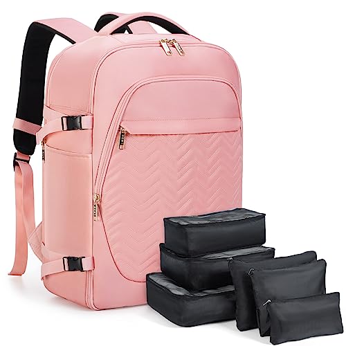 Lekebobor Travel Backpack for Women Men Carry on Backpack Flight Approved 17 Inch Luggage Daypack 40L Business College Weekender Overnight Laptop Backpack with 6 Packing Cubes,Pink