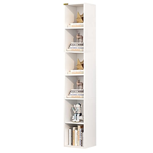 ALISENED 68.5" Tall Narrow Bookshelf, 6 Shelf Wooden Corner Bookcase, Modern Skinny Cubes Storage Organizer Display Shelving for Bedroom, Library, Living Room, Home, Office, White