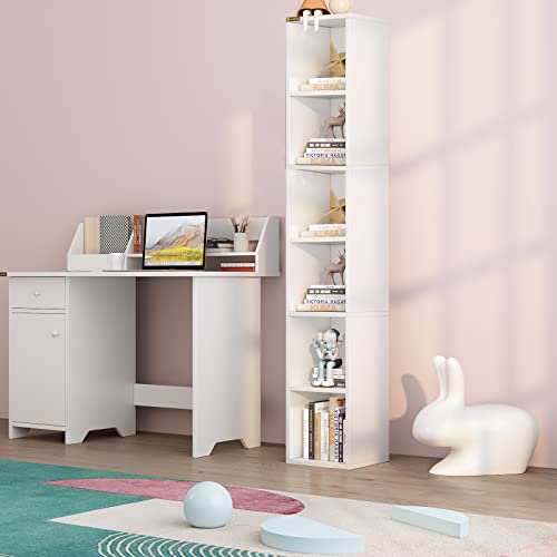 ALISENED 68.5" Tall Narrow Bookshelf, 6 Shelf Wooden Corner Bookcase, Modern Skinny Cubes Storage Organizer Display Shelving for Bedroom, Library, Living Room, Home, Office, White