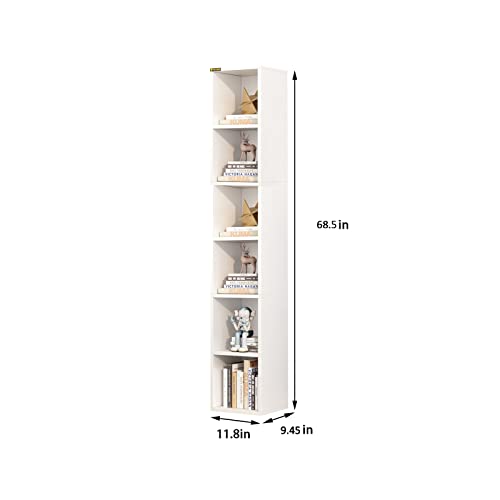 ALISENED 68.5" Tall Narrow Bookshelf, 6 Shelf Wooden Corner Bookcase, Modern Skinny Cubes Storage Organizer Display Shelving for Bedroom, Library, Living Room, Home, Office, White