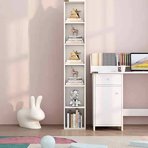 ALISENED 68.5" Tall Narrow Bookshelf, 6 Shelf Wooden Corner Bookcase, Modern Skinny Cubes Storage Organizer Display Shelving for Bedroom, Library, Living Room, Home, Office, White