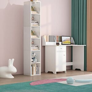 ALISENED 68.5" Tall Narrow Bookshelf, 6 Shelf Wooden Corner Bookcase, Modern Skinny Cubes Storage Organizer Display Shelving for Bedroom, Library, Living Room, Home, Office, White