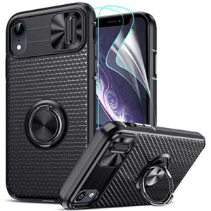 leyi for iphone xr case: iphone xr phone case with [2 pack] hd screen protectors, armor defender non-slip textured back with camera cover & stand case for iphone xr, black