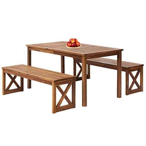 PayLessHere 3 Piece Acacia Wood Outdoor Dining Table and Bench Set Patio Bench Dining Table Outdoor Wooden Table & Bench Set for Backyard,Patio,Garden Outdoor Lounge Furniture,Nature