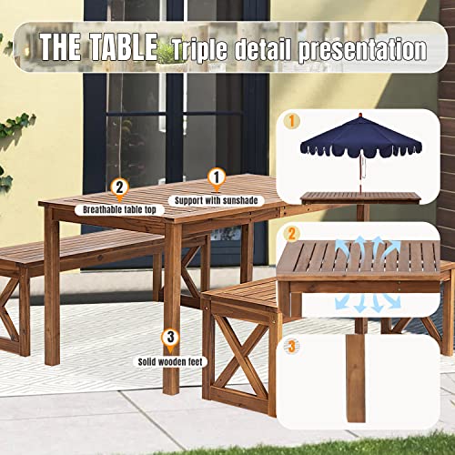 PayLessHere 3 Piece Acacia Wood Outdoor Dining Table and Bench Set Patio Bench Dining Table Outdoor Wooden Table & Bench Set for Backyard,Patio,Garden Outdoor Lounge Furniture,Nature