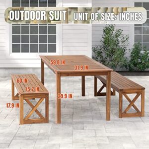 PayLessHere 3 Piece Acacia Wood Outdoor Dining Table and Bench Set Patio Bench Dining Table Outdoor Wooden Table & Bench Set for Backyard,Patio,Garden Outdoor Lounge Furniture,Nature