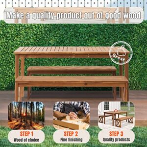 PayLessHere 3 Piece Acacia Wood Outdoor Dining Table and Bench Set Patio Bench Dining Table Outdoor Wooden Table & Bench Set for Backyard,Patio,Garden Outdoor Lounge Furniture,Nature