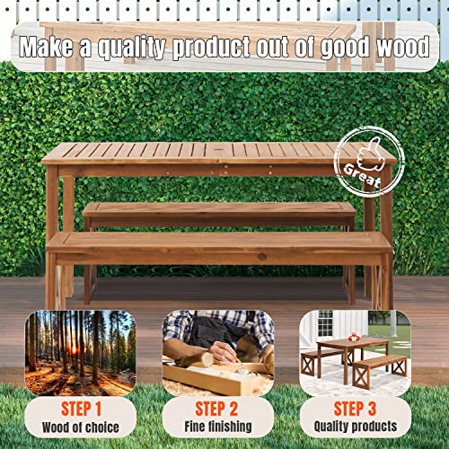 PayLessHere 3 Piece Acacia Wood Outdoor Dining Table and Bench Set Patio Bench Dining Table Outdoor Wooden Table & Bench Set for Backyard,Patio,Garden Outdoor Lounge Furniture,Nature