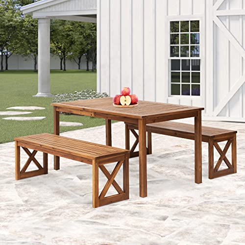 PayLessHere 3 Piece Acacia Wood Outdoor Dining Table and Bench Set Patio Bench Dining Table Outdoor Wooden Table & Bench Set for Backyard,Patio,Garden Outdoor Lounge Furniture,Nature