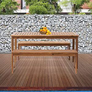 PayLessHere 3 Piece Acacia Wood Outdoor Dining Table and Bench Set Patio Bench Dining Table Outdoor Wooden Table & Bench Set for Backyard,Patio,Garden Outdoor Lounge Furniture,Nature