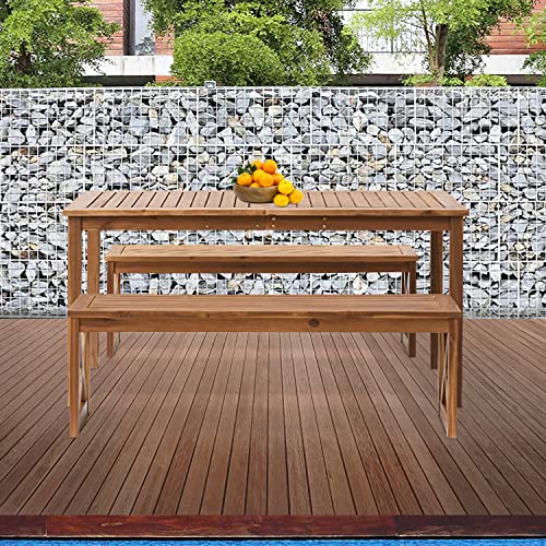 PayLessHere 3 Piece Acacia Wood Outdoor Dining Table and Bench Set Patio Bench Dining Table Outdoor Wooden Table & Bench Set for Backyard,Patio,Garden Outdoor Lounge Furniture,Nature