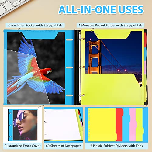 WOT I All-in-one Telescoping Binder Notebook, Refillable Binder+Elastic Rubble Spine+Customized Front Cover+Catalog Back Pocket+5 Subject Dividers+Movable Pocket Folder+Notepaper, Blue