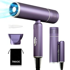 7magic foldable hair dryer, powerful ionic blow dryer for fast drying, travel hair blow dryer with storage bag, lightweight portable hairdryer for women, cold/2 heating/2 speed settings, purple