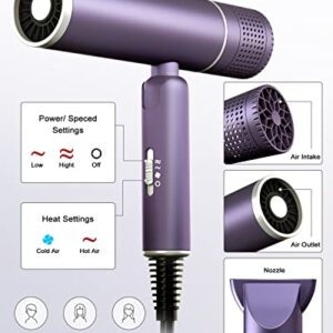 7MAGIC Foldable Hair Dryer, Powerful Ionic Blow Dryer for Fast Drying, Travel Hair Blow Dryer with Storage Bag, Lightweight Portable Hairdryer for Women, Cold/2 Heating/2 Speed Settings, Purple