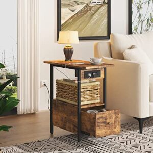 LIDYUK End Table with Charging Station, Narrow Side Table with Drawer and USB Ports & Power Outlets, Nightstand Bedside Tables for Small Spaces, Bedroom, Living Room, Brown