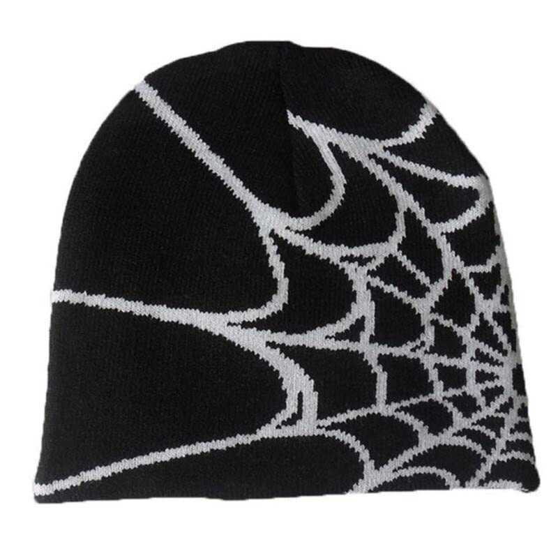 Pooyikoi Y2K Gothic Spider Pattern Wool Acrylic Knitted Hat Women Beanie Winter Warm Beanies Men Casual Skullies Outdoor Black