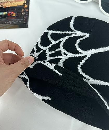 Pooyikoi Y2K Gothic Spider Pattern Wool Acrylic Knitted Hat Women Beanie Winter Warm Beanies Men Casual Skullies Outdoor Black