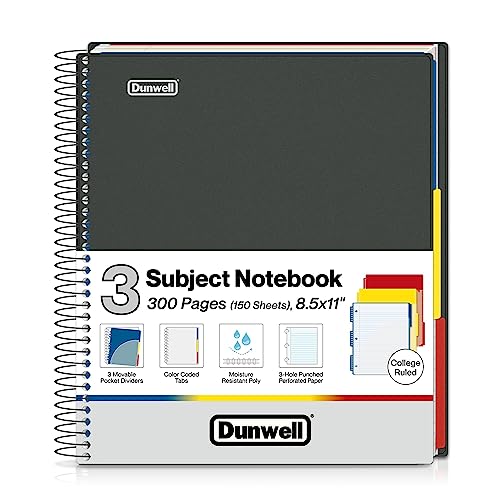 Dunwell 3-Subject Notebook College Ruled - 300 Pages (150 Sheets) Spiral Notebook 8.5 x 11, Tabs, Movable Dividers, Pockets, Dual Poly Covers, Multi Subject Note Book School Supplies