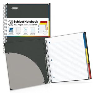 Dunwell 3-Subject Notebook College Ruled - 300 Pages (150 Sheets) Spiral Notebook 8.5 x 11, Tabs, Movable Dividers, Pockets, Dual Poly Covers, Multi Subject Note Book School Supplies