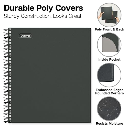 Dunwell 3-Subject Notebook College Ruled - 300 Pages (150 Sheets) Spiral Notebook 8.5 x 11, Tabs, Movable Dividers, Pockets, Dual Poly Covers, Multi Subject Note Book School Supplies