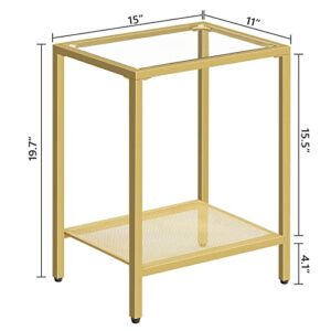 MAHANCRIS End Table, 2-Tier Beside Table with Mesh Shelf, Sofa Side Table with Tempered Glass Top, TV Tray Table for Small Space, Snack Side Table, Nightstand for Bedroom, Living Room, Gold ETJ24B01