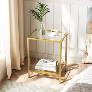 MAHANCRIS End Table, 2-Tier Beside Table with Mesh Shelf, Sofa Side Table with Tempered Glass Top, TV Tray Table for Small Space, Snack Side Table, Nightstand for Bedroom, Living Room, Gold ETJ24B01