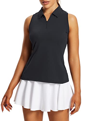 BALEAF Women's Golf Shirts Tank Tops Sleeveless Tennis Polo Racerback with Collar Athletic Tanks Quick Dry-Black-L