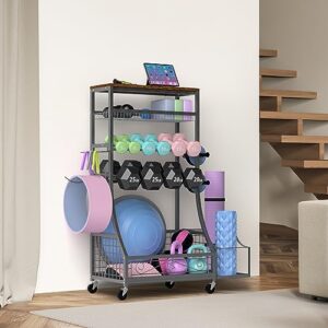 Yoga Mat Storage Rack - Home Gym Storage Rack, Workout Equipment Storage Rack for Dumbbells Yoga Mats Foam Rollers Kettlebells, Weight Rack with Hooks and Wheels