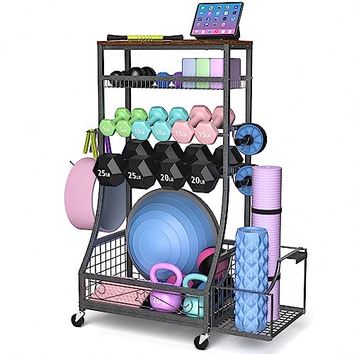 Yoga Mat Storage Rack - Home Gym Storage Rack, Workout Equipment Storage Rack for Dumbbells Yoga Mats Foam Rollers Kettlebells, Weight Rack with Hooks and Wheels