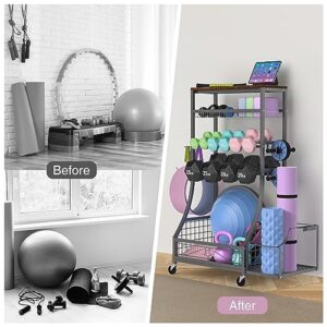 Yoga Mat Storage Rack - Home Gym Storage Rack, Workout Equipment Storage Rack for Dumbbells Yoga Mats Foam Rollers Kettlebells, Weight Rack with Hooks and Wheels