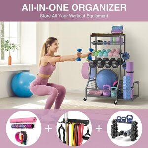 Yoga Mat Storage Rack - Home Gym Storage Rack, Workout Equipment Storage Rack for Dumbbells Yoga Mats Foam Rollers Kettlebells, Weight Rack with Hooks and Wheels