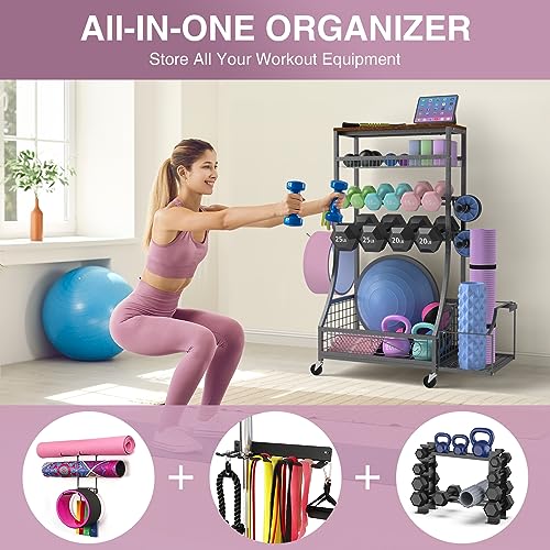 Yoga Mat Storage Rack - Home Gym Storage Rack, Workout Equipment Storage Rack for Dumbbells Yoga Mats Foam Rollers Kettlebells, Weight Rack with Hooks and Wheels