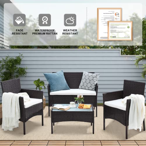 Mr IRONSTONE 4 Pieces Patio Furniture Set, Outdoor 2 Rattan Chairs Wicker Sofa with Tempered Glass Side Table and Soft Cushions, Outdoor Conversation Sets for Patio, Lawn, Garden, Poolside, Balcony