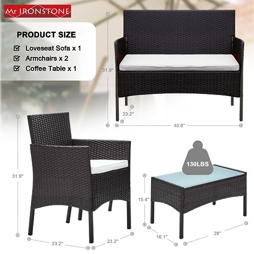 Mr IRONSTONE 4 Pieces Patio Furniture Set, Outdoor 2 Rattan Chairs Wicker Sofa with Tempered Glass Side Table and Soft Cushions, Outdoor Conversation Sets for Patio, Lawn, Garden, Poolside, Balcony