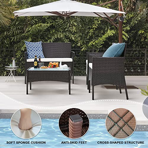 Mr IRONSTONE 4 Pieces Patio Furniture Set, Outdoor 2 Rattan Chairs Wicker Sofa with Tempered Glass Side Table and Soft Cushions, Outdoor Conversation Sets for Patio, Lawn, Garden, Poolside, Balcony