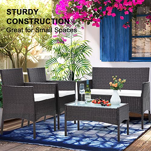 Mr IRONSTONE 4 Pieces Patio Furniture Set, Outdoor 2 Rattan Chairs Wicker Sofa with Tempered Glass Side Table and Soft Cushions, Outdoor Conversation Sets for Patio, Lawn, Garden, Poolside, Balcony