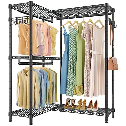 VIPEK L4 Garment Rack L Shaped Clothes Rack for Corner, Freestanding Portable Wardrobe Closet Heavy Duty Clothing Rack with 3 Hanging Rods & 2 Side Hooks, 43.3"Lx29.1"Wx76.4"H, Max Load 750LBS, Black