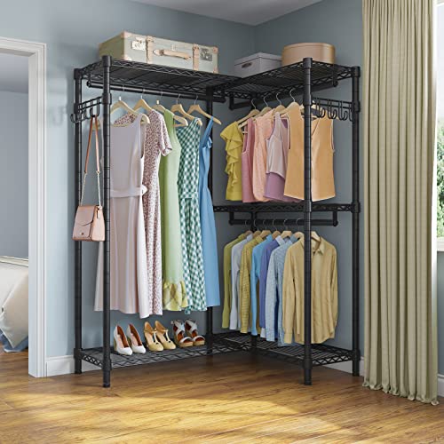 VIPEK L4 Garment Rack L Shaped Clothes Rack for Corner, Freestanding Portable Wardrobe Closet Heavy Duty Clothing Rack with 3 Hanging Rods & 2 Side Hooks, 43.3"Lx29.1"Wx76.4"H, Max Load 750LBS, Black