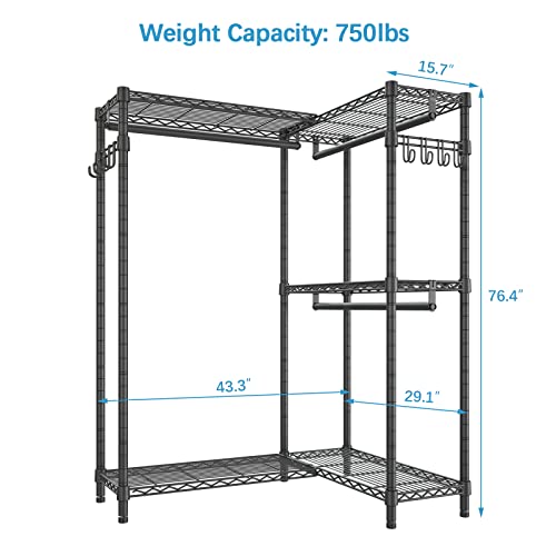 VIPEK L4 Garment Rack L Shaped Clothes Rack for Corner, Freestanding Portable Wardrobe Closet Heavy Duty Clothing Rack with 3 Hanging Rods & 2 Side Hooks, 43.3"Lx29.1"Wx76.4"H, Max Load 750LBS, Black