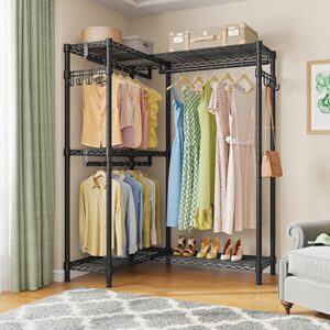 VIPEK L4 Garment Rack L Shaped Clothes Rack for Corner, Freestanding Portable Wardrobe Closet Heavy Duty Clothing Rack with 3 Hanging Rods & 2 Side Hooks, 43.3"Lx29.1"Wx76.4"H, Max Load 750LBS, Black