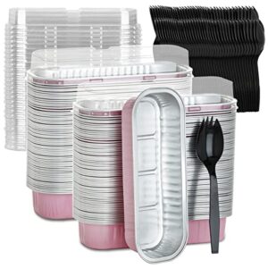 moacock 100 pack aluminum mini loaf pans, aluminum foil pans with lid, 6.8oz disposable rectangle baking containers muffin baking tins mini cake pans, pans/lids/spoons(pink)