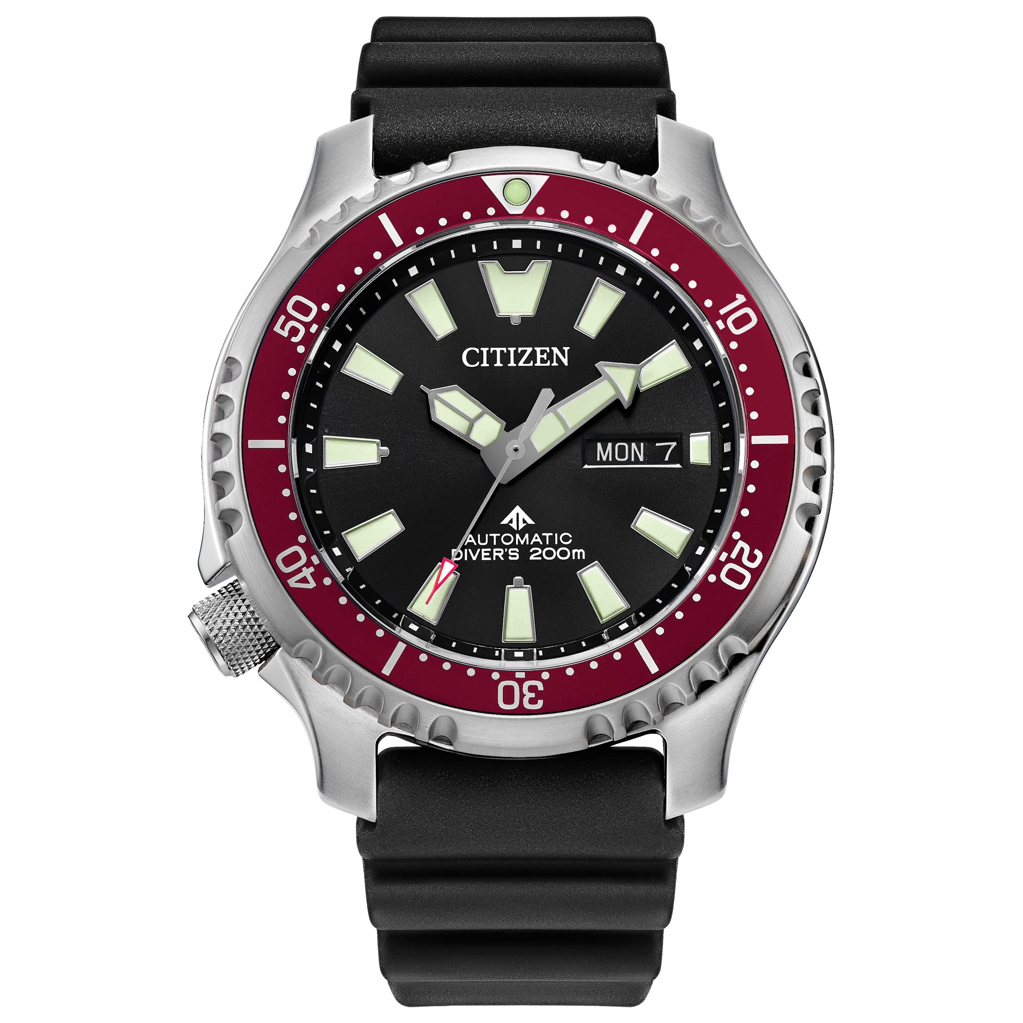 Citizen Men's Promaster Sea Automatic Polyurethane Strap Watch, 3- Hand Date and Date, Rotating Bezel, Anti-reflective Sapphire Crystal, Luminous Hands and Markers, Stainless/Red