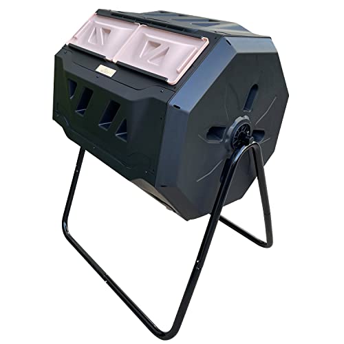 Dual Chamber Compost Tumbler with Gardening Gloves | Easy Assembly Tumbling Composters | 42 Gallon Capacity | Black and Beige | Garden Gloves Included