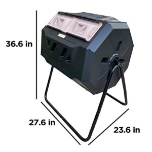 Dual Chamber Compost Tumbler with Gardening Gloves | Easy Assembly Tumbling Composters | 42 Gallon Capacity | Black and Beige | Garden Gloves Included