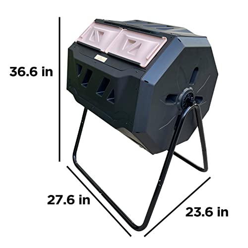 Dual Chamber Compost Tumbler with Gardening Gloves | Easy Assembly Tumbling Composters | 42 Gallon Capacity | Black and Beige | Garden Gloves Included