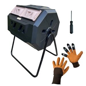 Dual Chamber Compost Tumbler with Gardening Gloves | Easy Assembly Tumbling Composters | 42 Gallon Capacity | Black and Beige | Garden Gloves Included