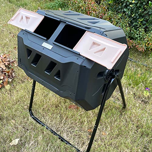 Dual Chamber Compost Tumbler with Gardening Gloves | Easy Assembly Tumbling Composters | 42 Gallon Capacity | Black and Beige | Garden Gloves Included